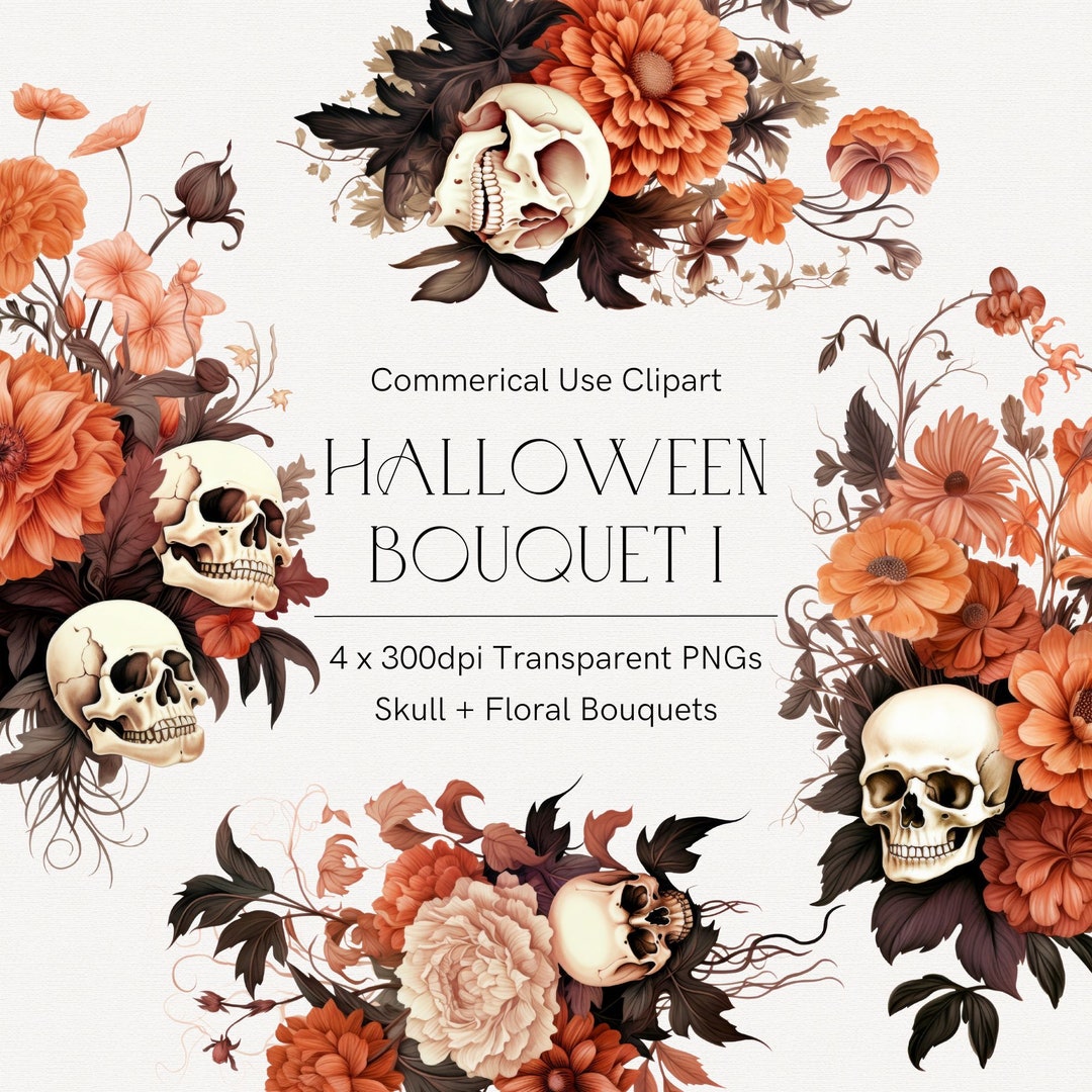 Halloween Clipart, Halloween Flowers Clipart, Flowers and Skulls ...