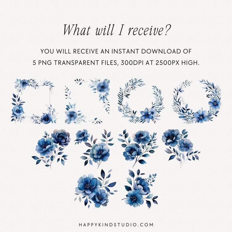 Indigo Blue Flowers Clipart, Watercolor Flower, Wedding Bouquet, Winter ...