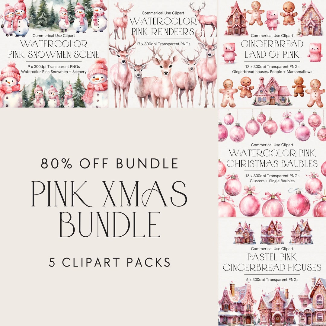 Watercolor Pink Christmas Clipart Bundle, Printable Art, Pink Christmas ...