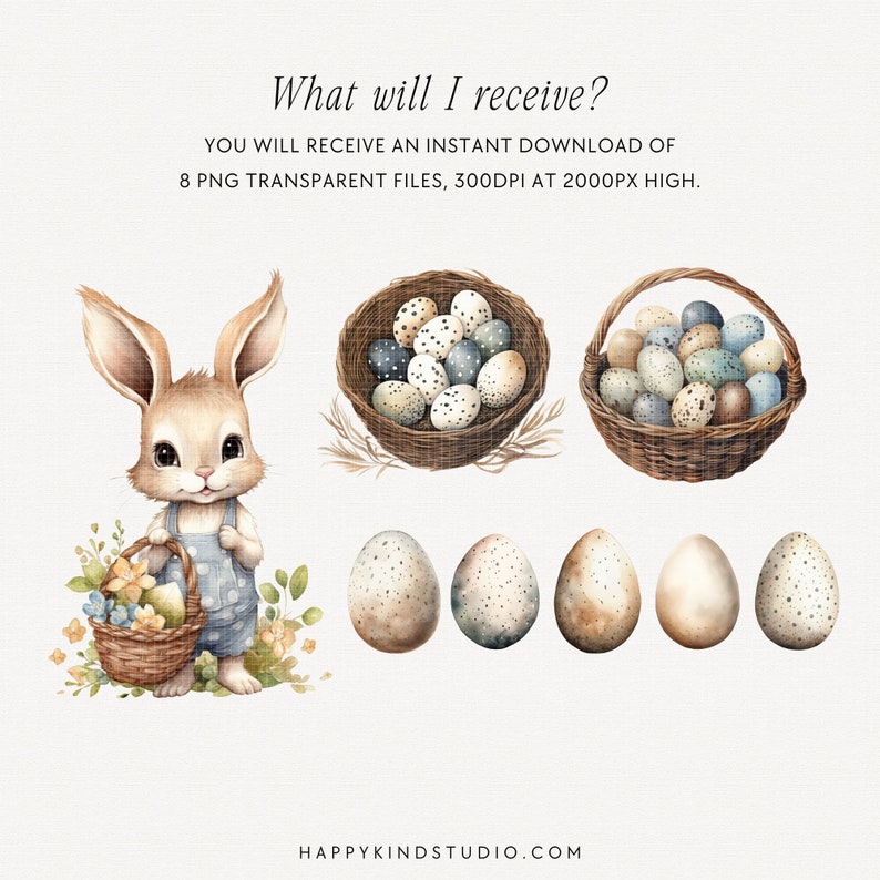 Vintage Easter Bunny Clipart, Watercolor Easter Egg Basket, Easter ...