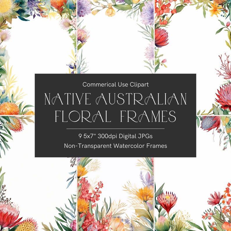 Native Australian Floral Borders, 5x7 Invitaton Frames Bundle, Protea ...