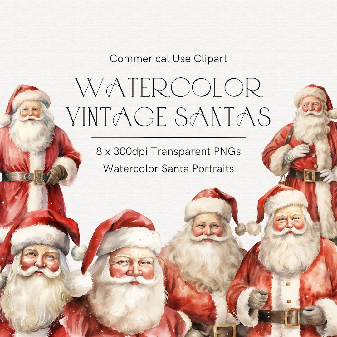 Watercolor Santa Clipart Png Vintage Christmas Clipart Full - Etsy