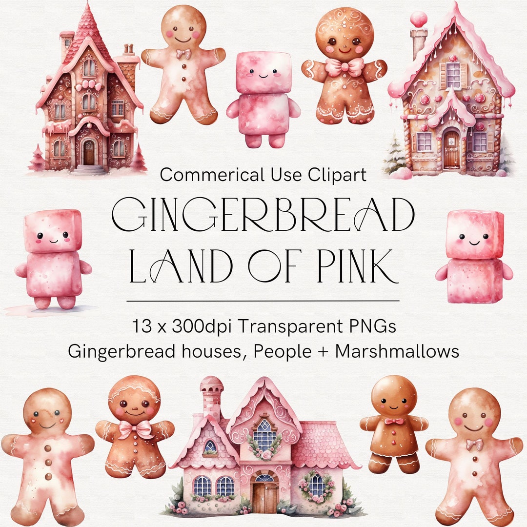 Watercolor Pink Gingerbread House, Gingerbread Girl and Boy, Pink ...