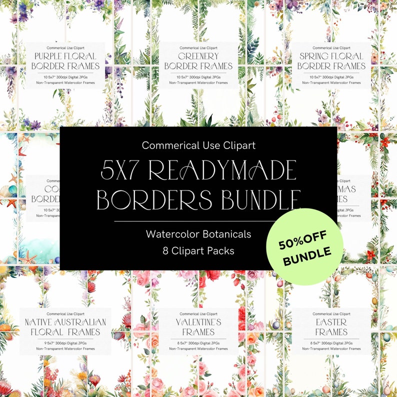 5x7 Invitation Frames Clipart Bundle, Watercolor Borders Bundle, Floral ...