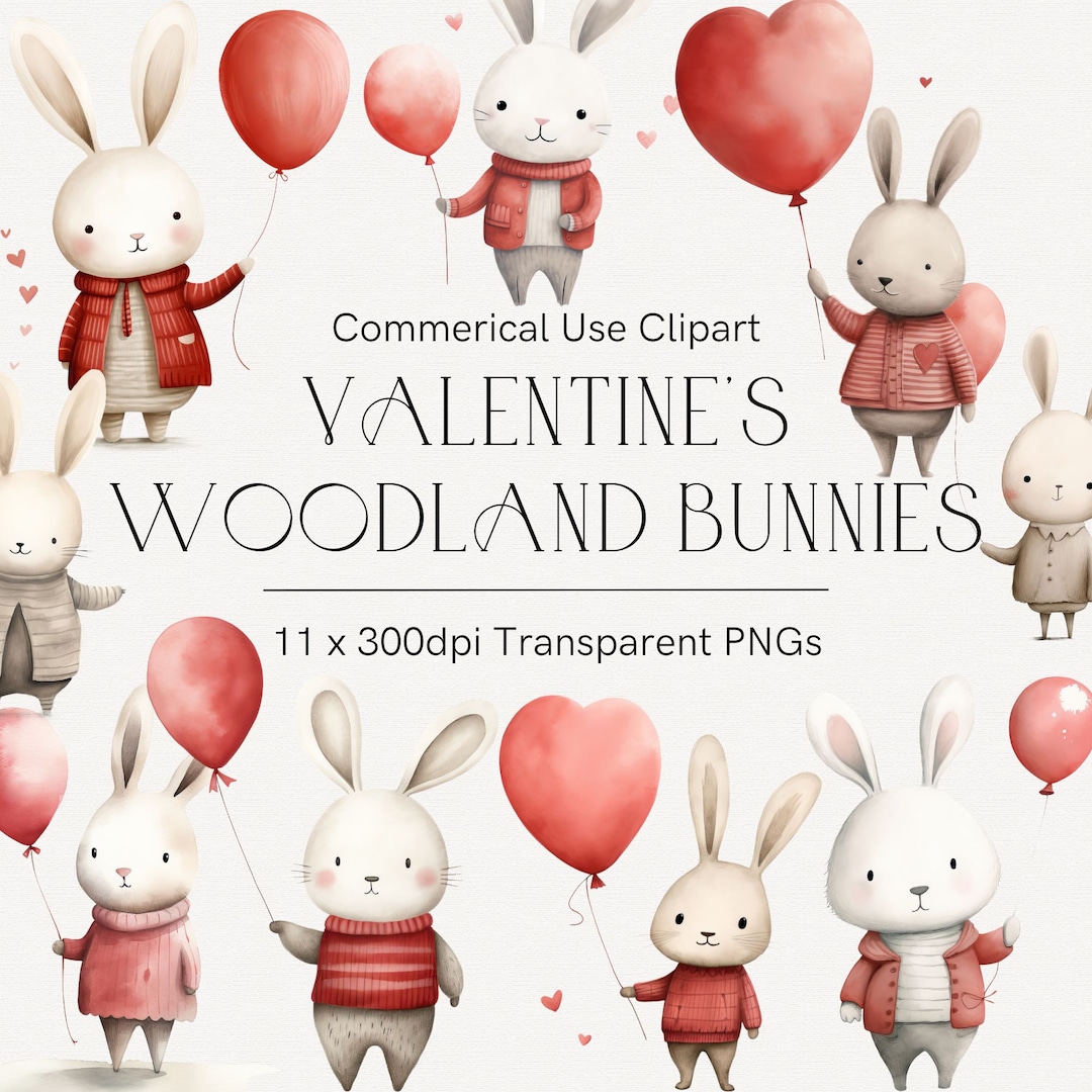 Valentine's Day Bunnies Clipart, Woodland Rabbits, Bunnies With Heart ...