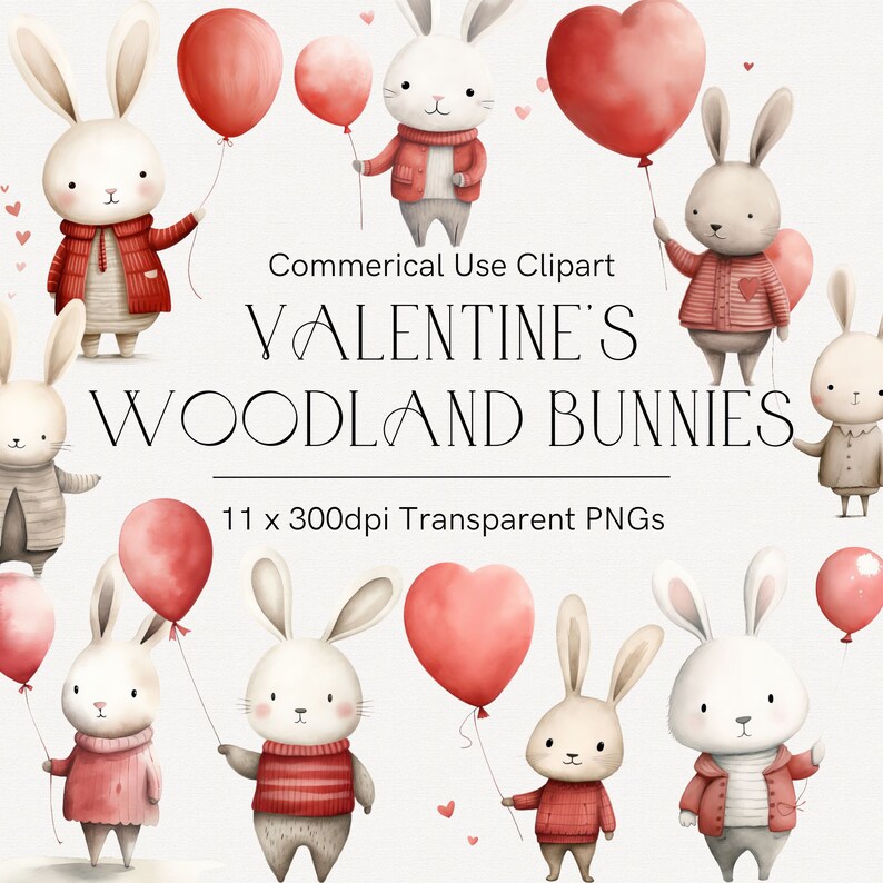 Valentine's Day Bunnies Clipart, Woodland Rabbits, Bunnies With Heart ...
