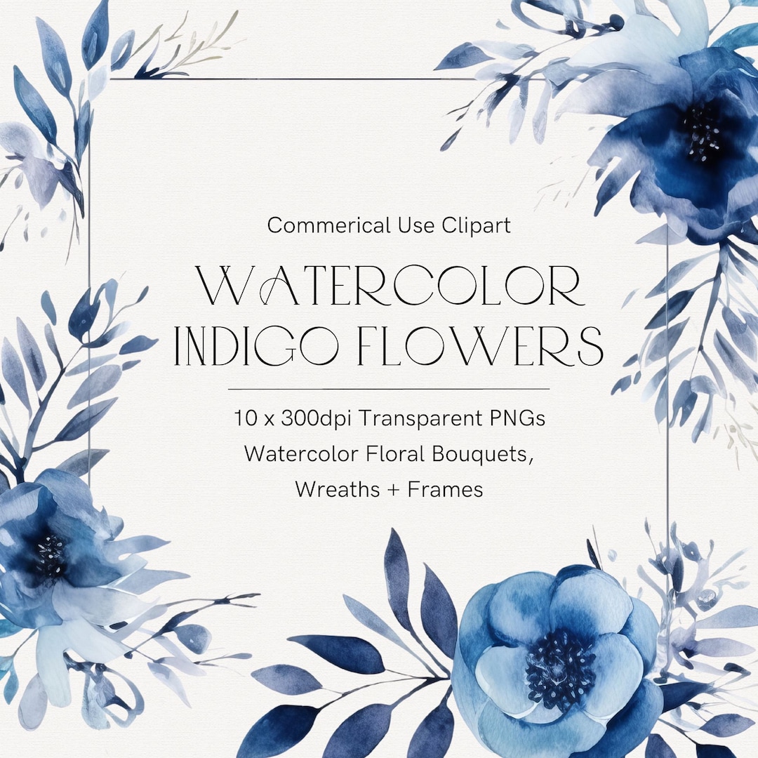 Indigo Blue Flowers Clipart, Watercolor Flower, Wedding Bouquet, Winter ...