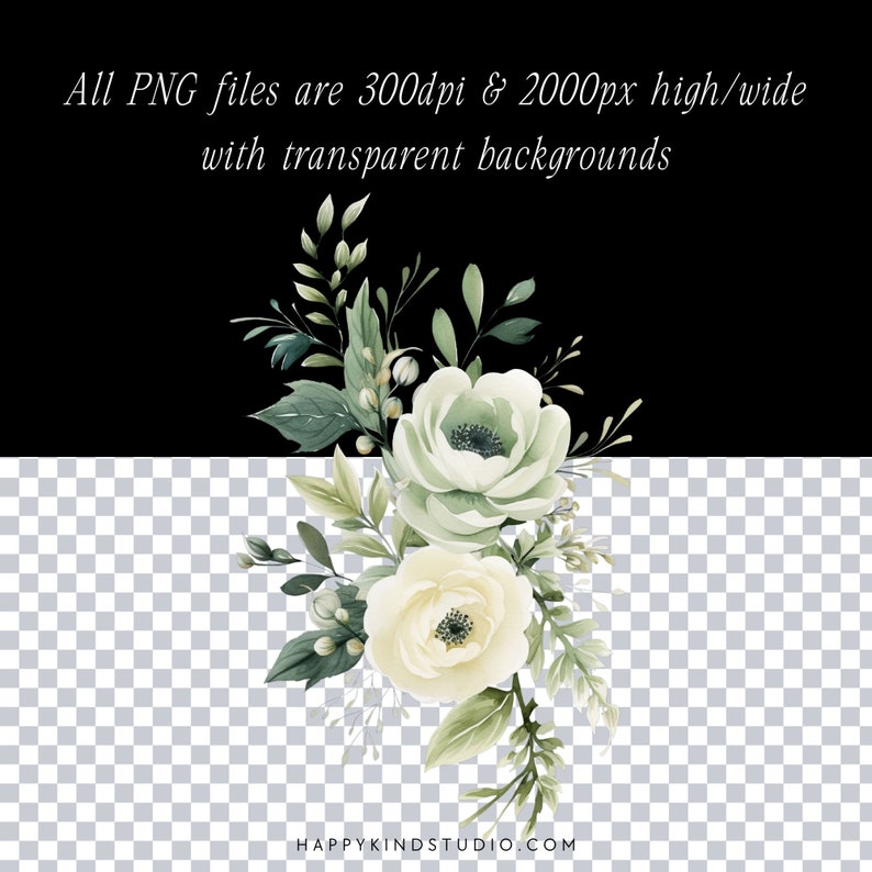 Sage Green Flowers Clipart, White Roses, Watercolor Greenery, Wedding ...