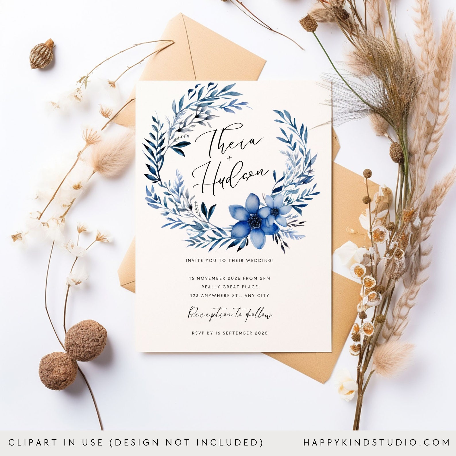 Indigo Blue Flowers Clipart, Watercolor Flower, Wedding Bouquet, Winter ...