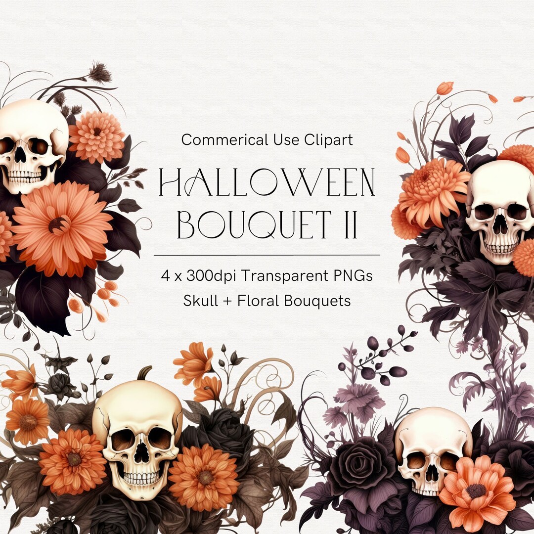 Halloween Clipart, Halloween Flowers Clipart, Flowers and Skulls ...