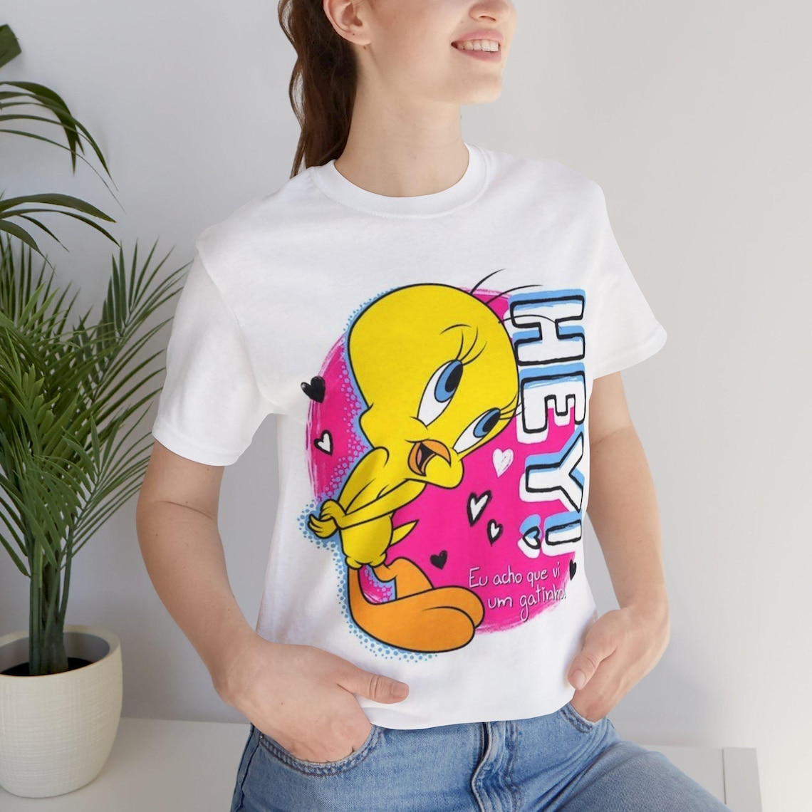 Tweety Bird Print T-shirt, Cute Tweety Bird Cartoon Print T-shirt ...