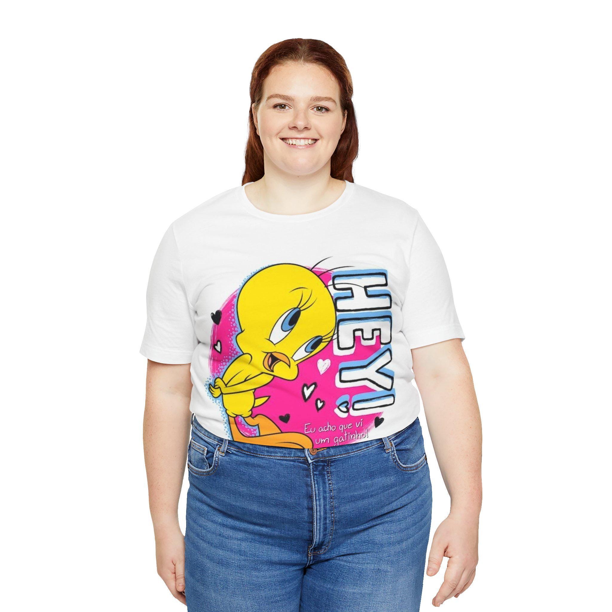 Tweety Bird Print T-shirt, Cute Tweety Bird Cartoon Print T-shirt ...