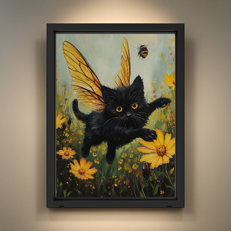 Black Cat Flying Bee Poster Print - Etsy