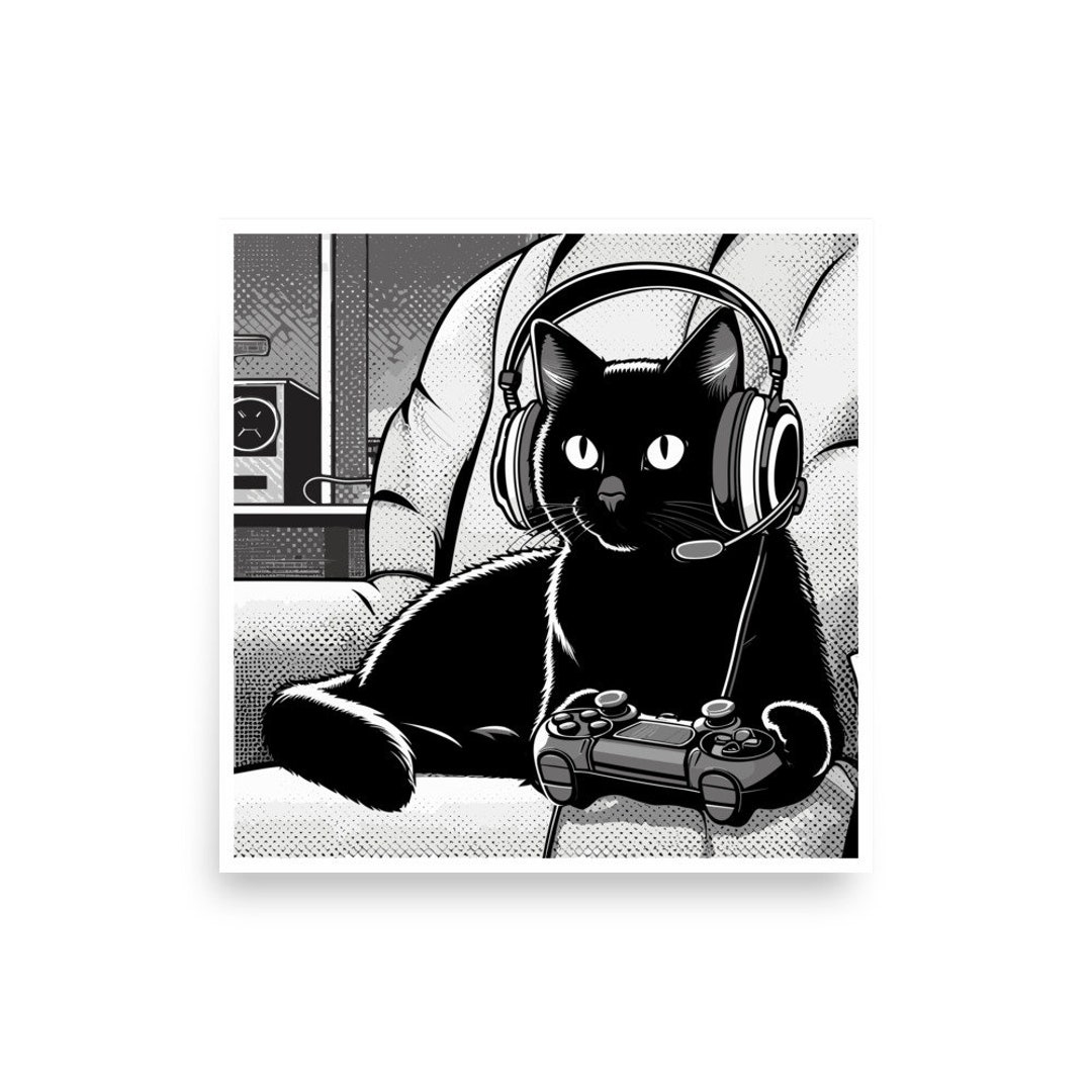 Gamer Black Cat With Headphones Poster Print - Etsy