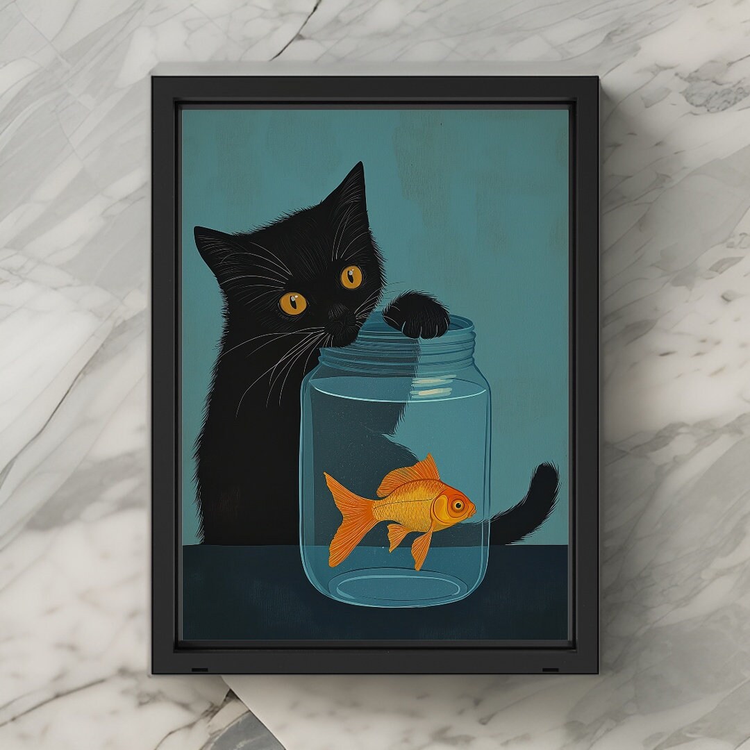 Black Cat Fish Bowl Poster Print Wall Art Design - Etsy