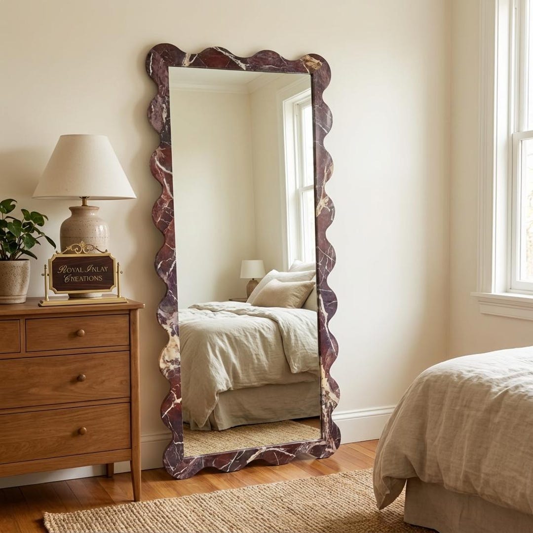 Rosso Leavanto Marble Wavy Design Mirror - Large Wall Mirror for Modern ...