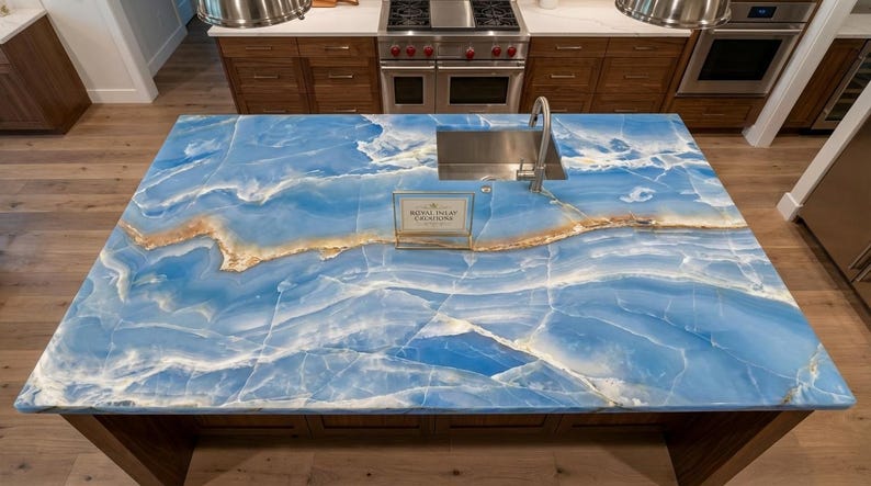 Custom Blue Onyx Kitchen Island Countertop | Bookmatched Translucent ...