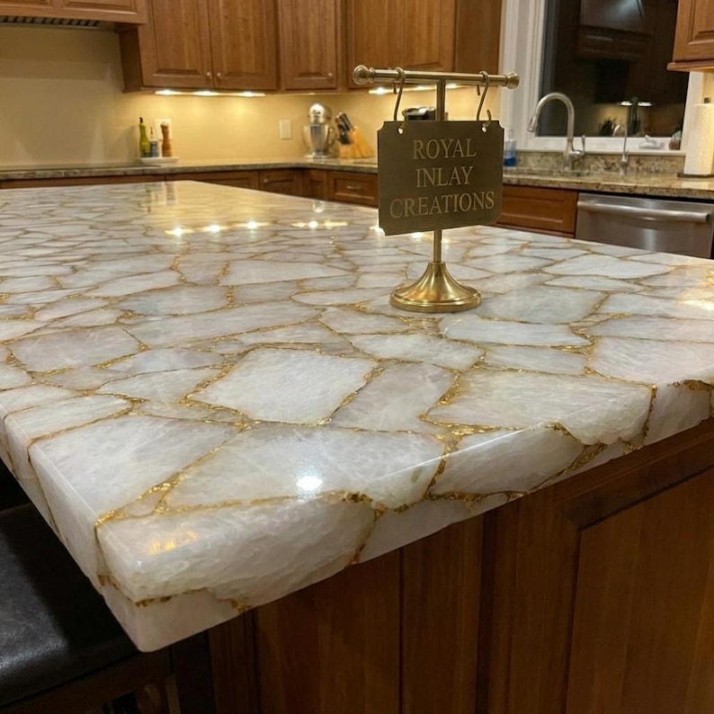 Custom White Quartz & Gold Vein Kitchen Island | Semi Precious Crystal ...