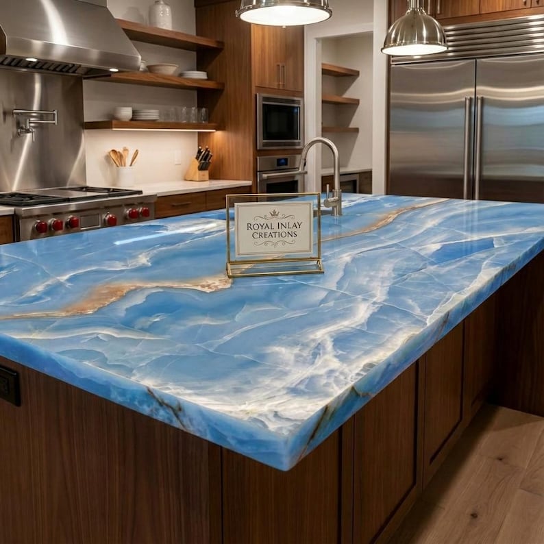 Custom Blue Onyx Kitchen Island Countertop | Bookmatched Translucent ...