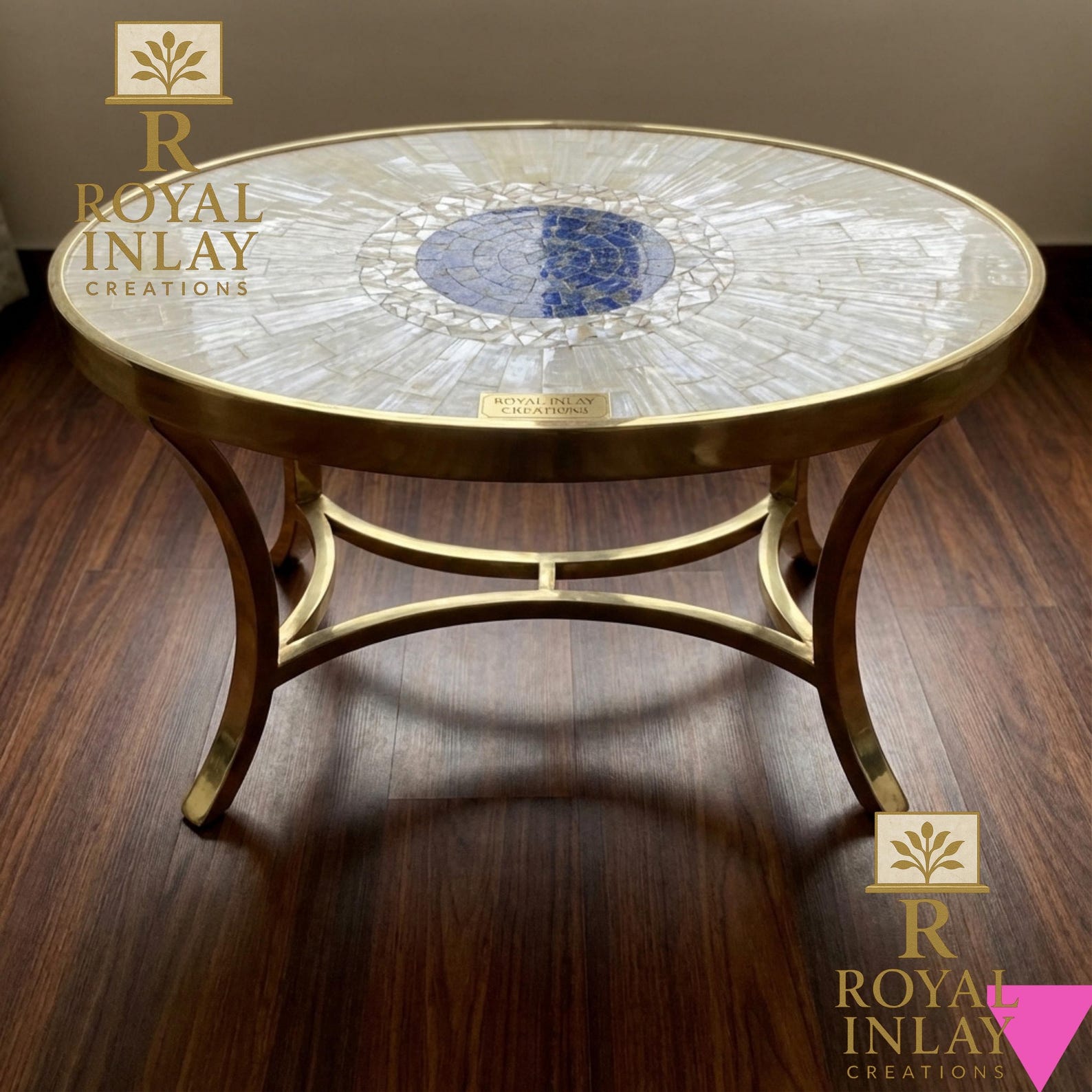 Oval Selenite Tabletop With Lapis Lazuli Inlay | Luxury Brass Rim ...