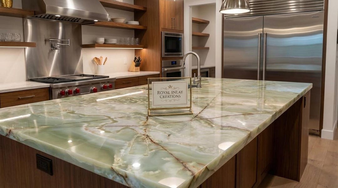 Custom Green Onyx Kitchen Island Countertop | Bookmatched Translucent ...