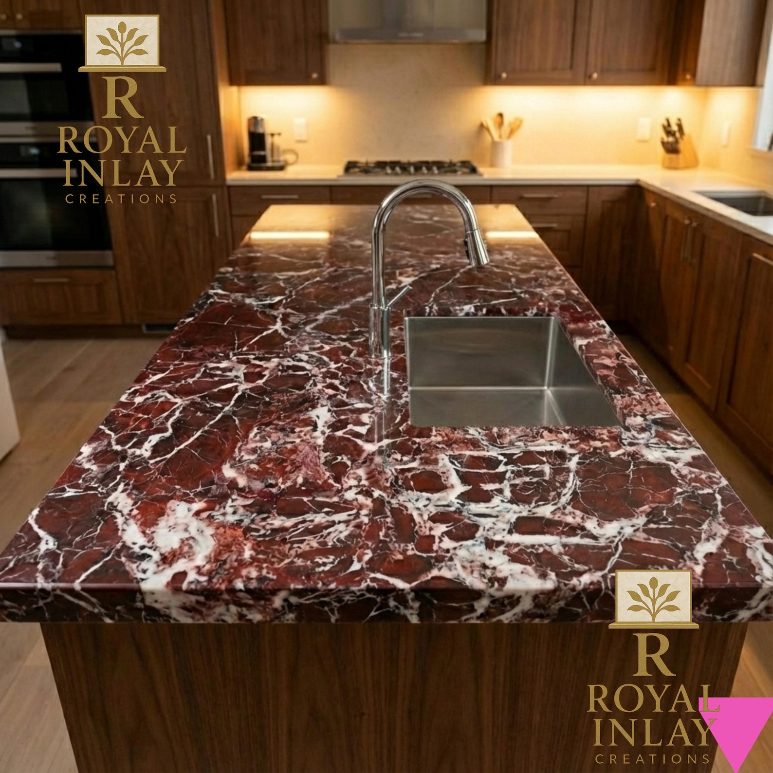 Custom Rosso Levanto Marble Kitchen Island | Deep Red & White Veined ...