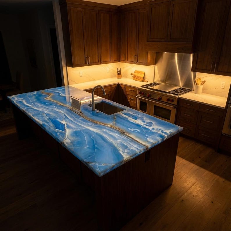 Custom Blue Onyx Kitchen Island Countertop | Bookmatched Translucent ...