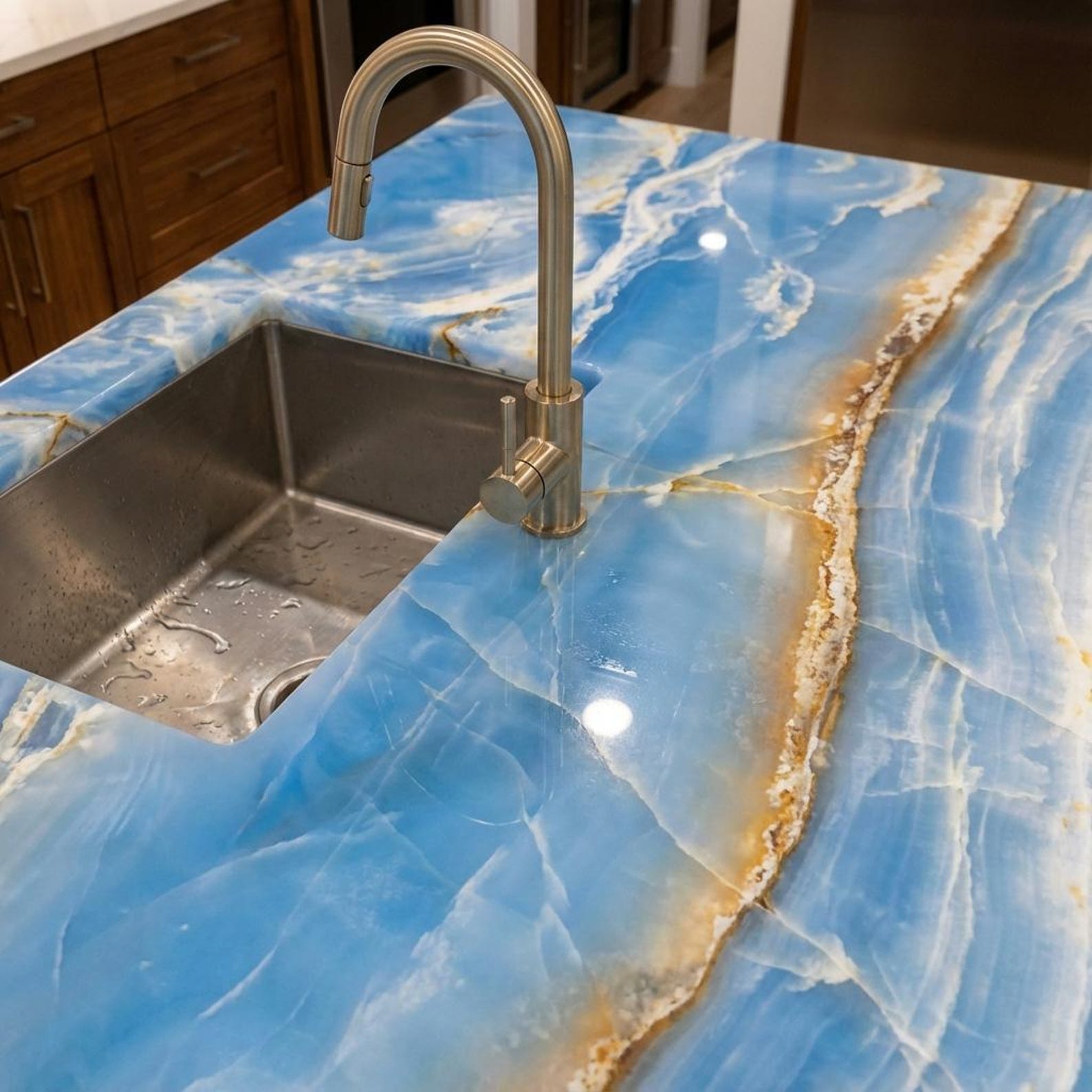 Custom Blue Onyx Kitchen Island Countertop | Bookmatched Translucent ...