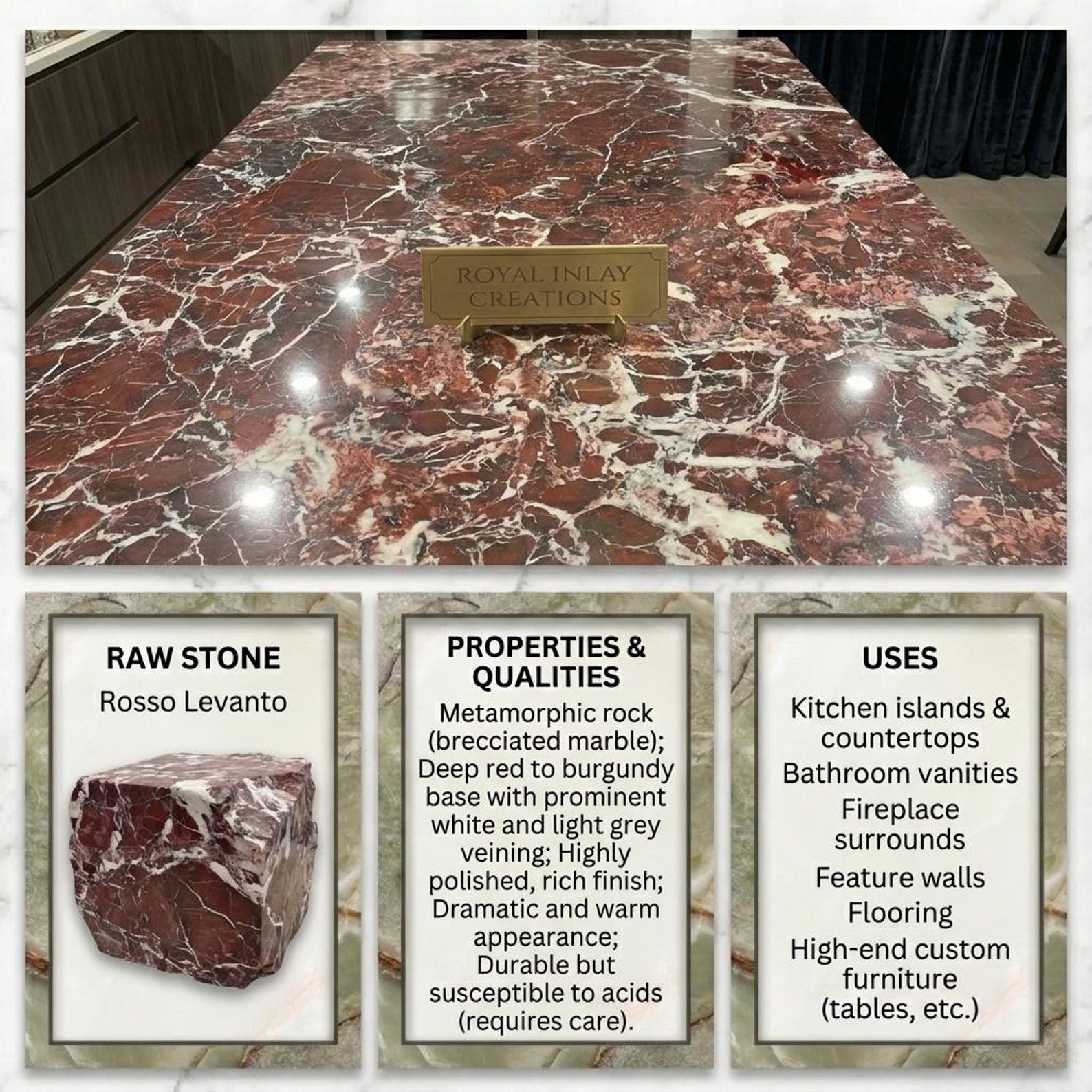 Custom Rosso Levanto Marble Kitchen Island | Deep Red & White Veined ...