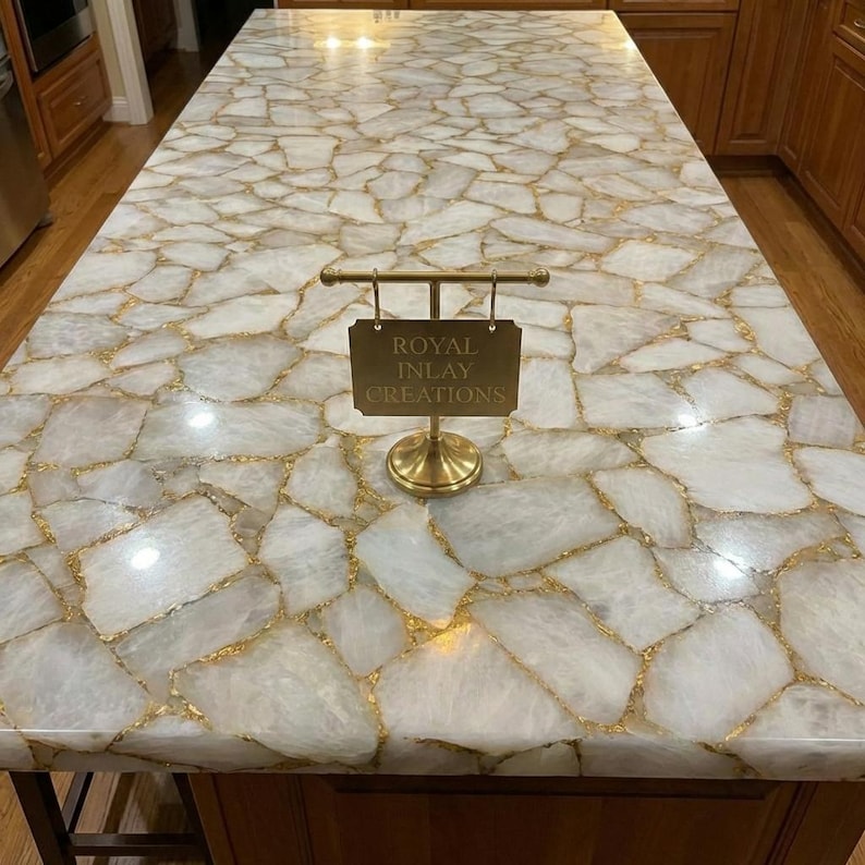 Custom White Quartz & Gold Vein Kitchen Island | Semi Precious Crystal ...