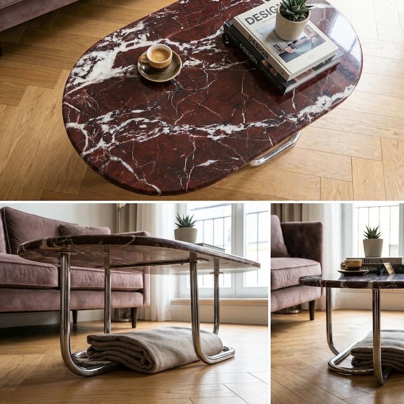 Rosso Levanto Marble Oval Coffee Table • Mid-century Modern Burgundy ...