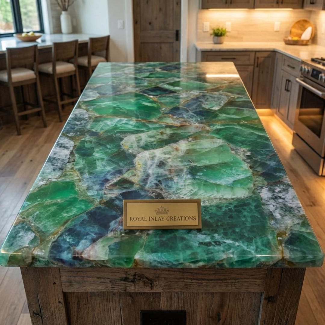 Custom Green Fluorite Kitchen Island Slab | Luxury Gemstone Countertop ...