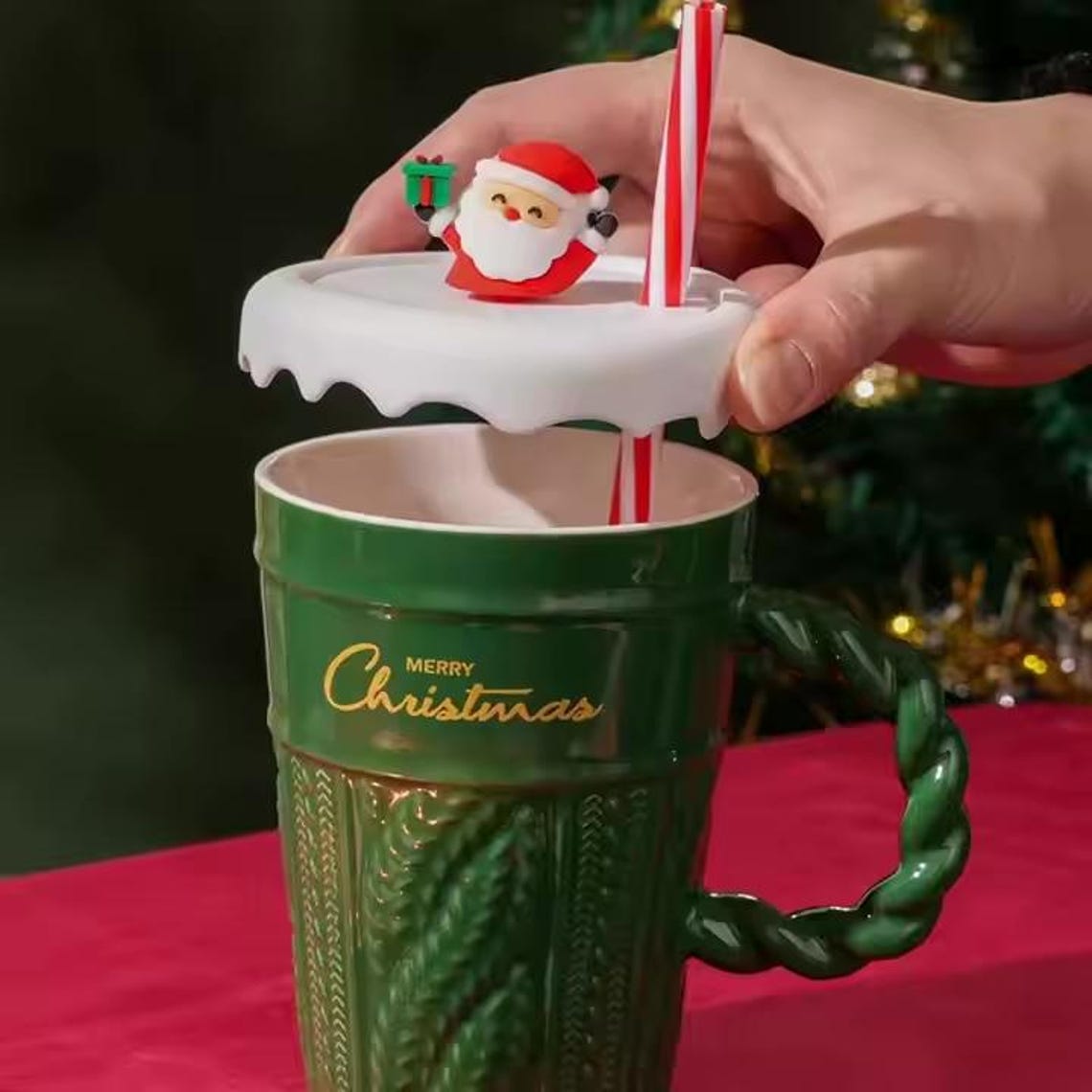 Cute Christmas Mug With Lid & Straw – Santa or Tree Topper | Ceramic ...
