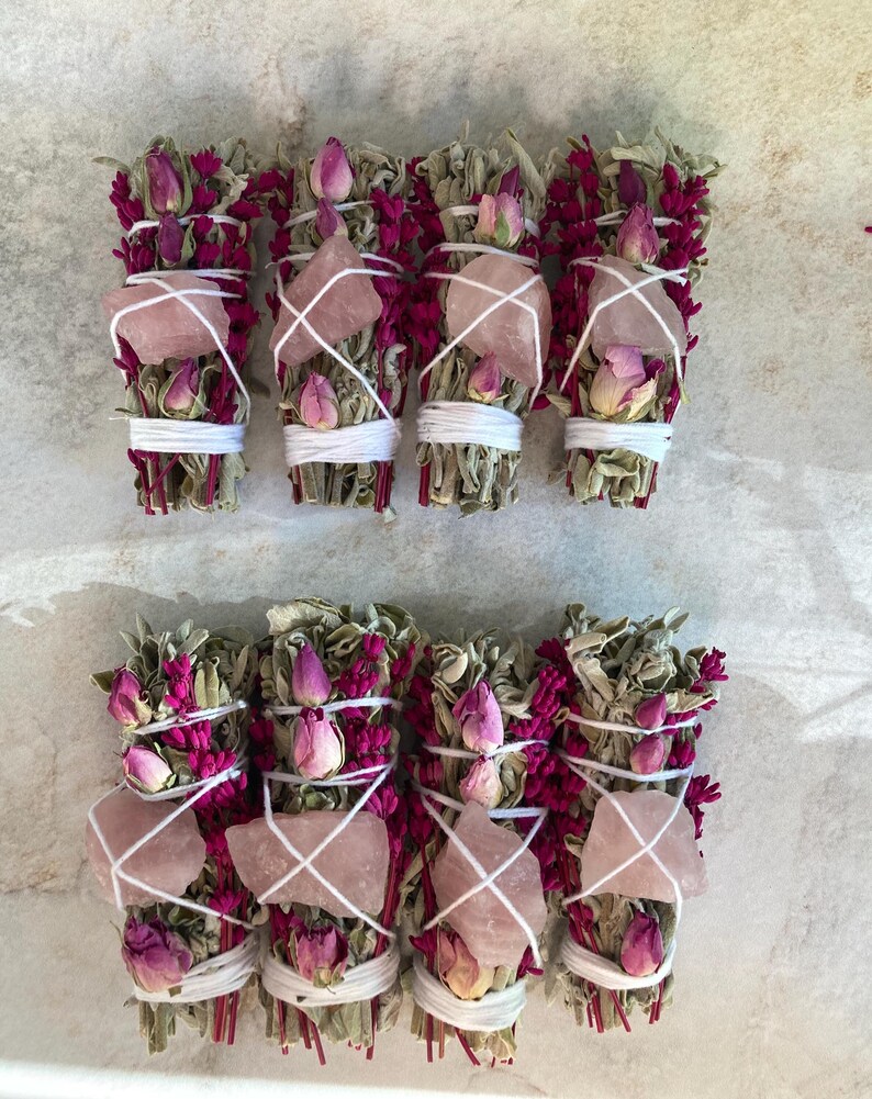 Rose Quartz Sage Smudge Stick, Love Crystal Bundle, Energy Cleansing ...