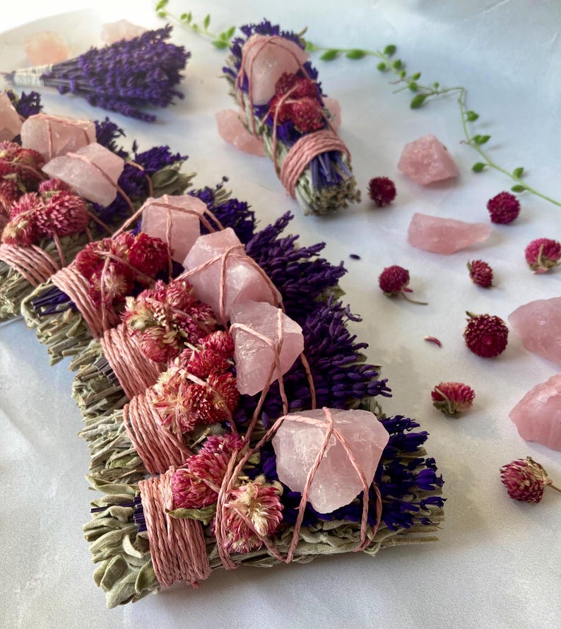 Rose Quartz Sage Smudge Stick, Lavender Energy Cleansing Bundle - Etsy