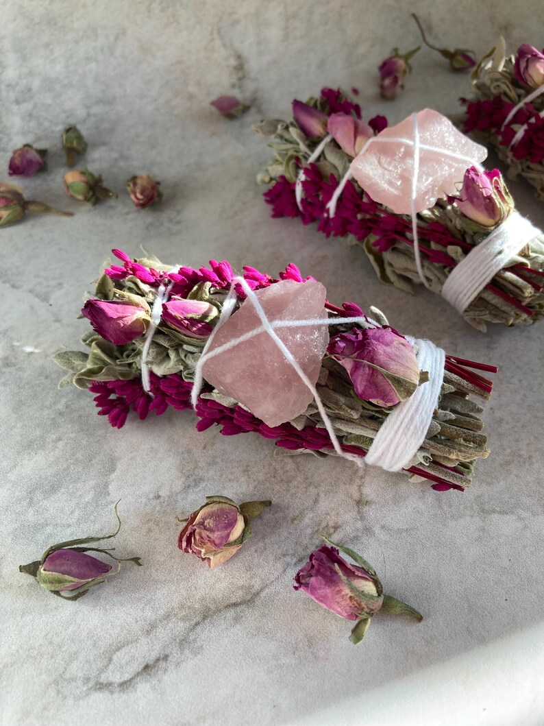Rose Quartz Sage Smudge Stick, Love Crystal Bundle, Energy Cleansing ...