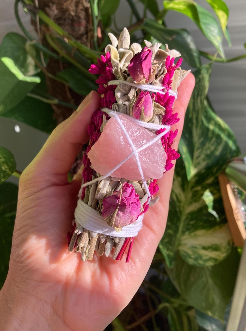 Rose Quartz Sage Smudge Stick, Love Crystal Bundle, Energy Cleansing ...