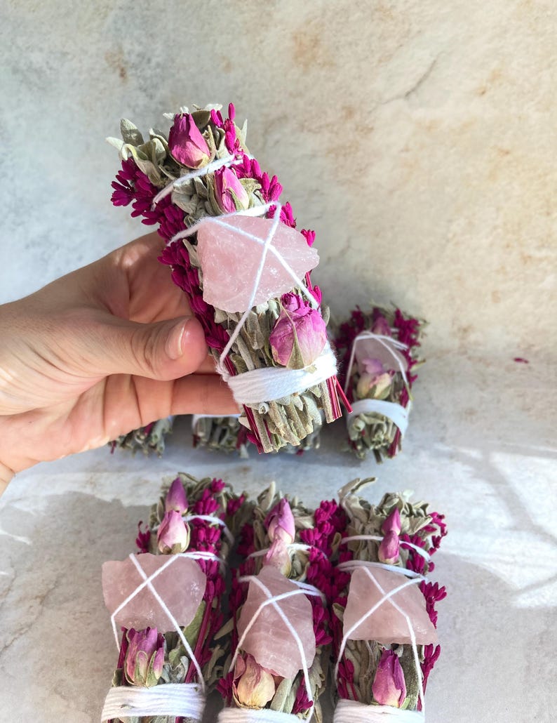 Rose Quartz Sage Smudge Stick, Love Crystal Bundle, Energy Cleansing ...