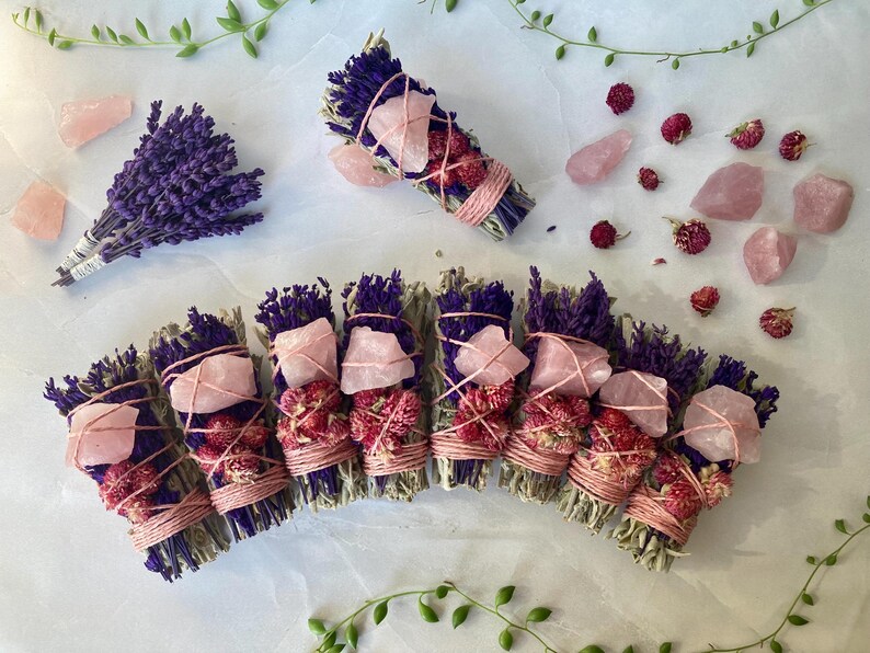 Rose Quartz Sage Smudge Stick, Lavender Energy Cleansing Bundle - Etsy