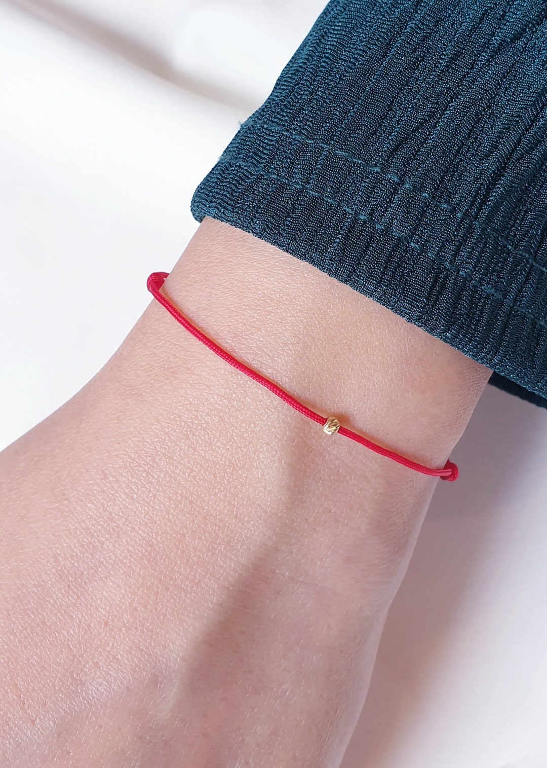 14k Solid Gold Bead Bracelet - Red Cord String Bracelet - Friendship ...