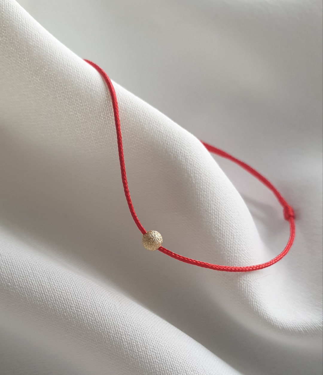 18k Solid Gold Bead Bracelet - Red Cord String Bracelet - Friendship ...