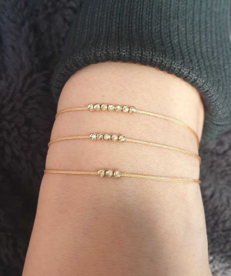 14k Solid Gold Bead Bracelet - Red Cord String Bracelet - Friendship ...