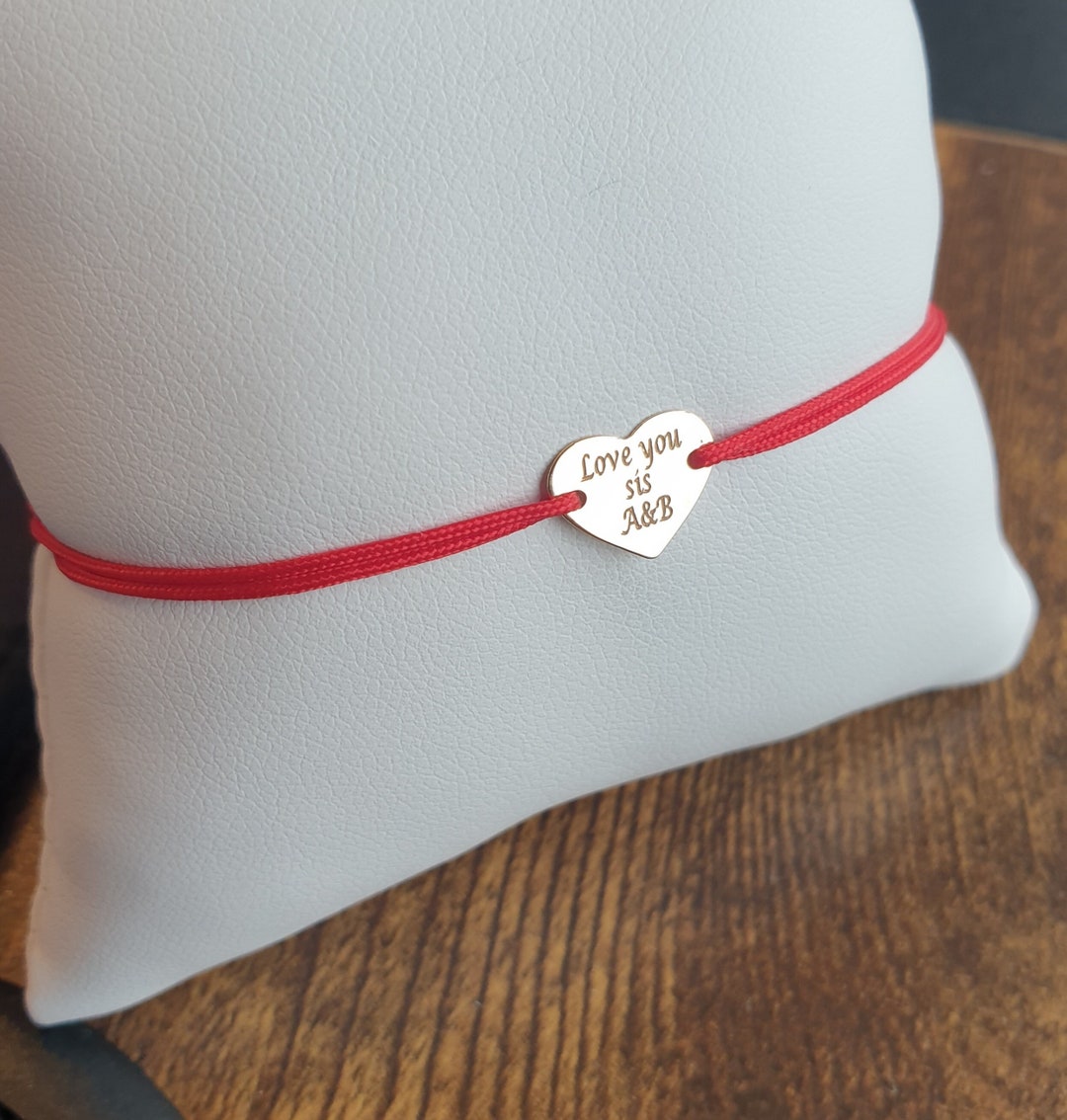 Solid 14k Gold Heart Red String Personalised Bracelet, Engraved ...