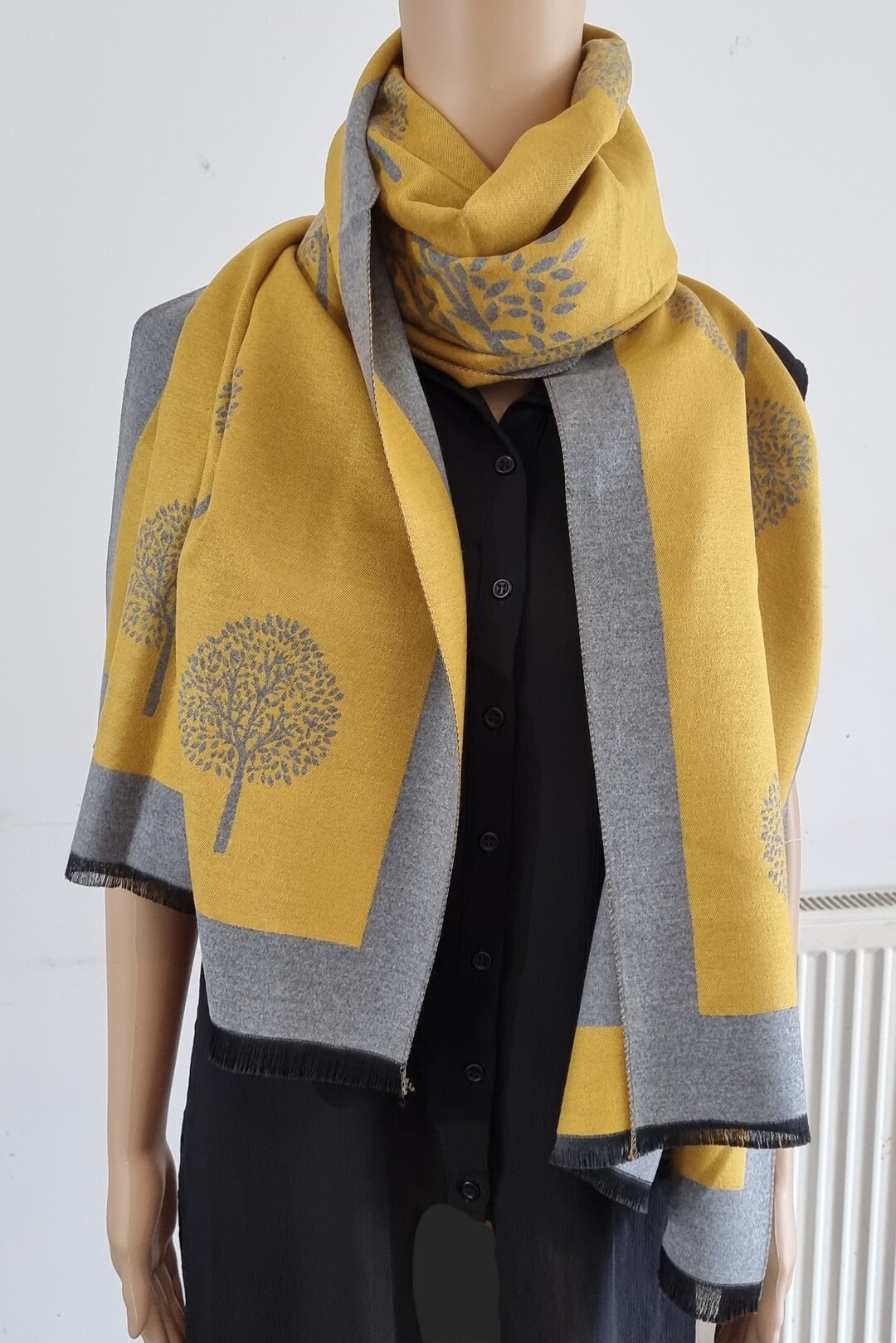 New Soft Mustard Yellow Scarf Mulberry Tree of Life Print Reversible ...