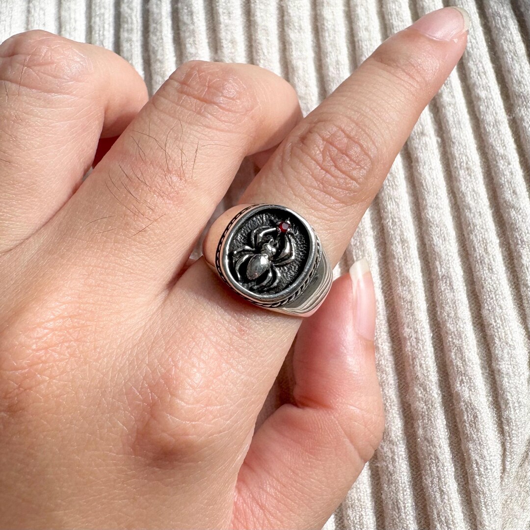 Spider Signet Ring: 925 Sterling Silver, Red CZ Stone - Etsy