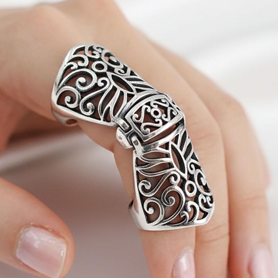 Floral 925 Sterling Silver Full Finger Armor Ring, Gothic Knuckle ...
