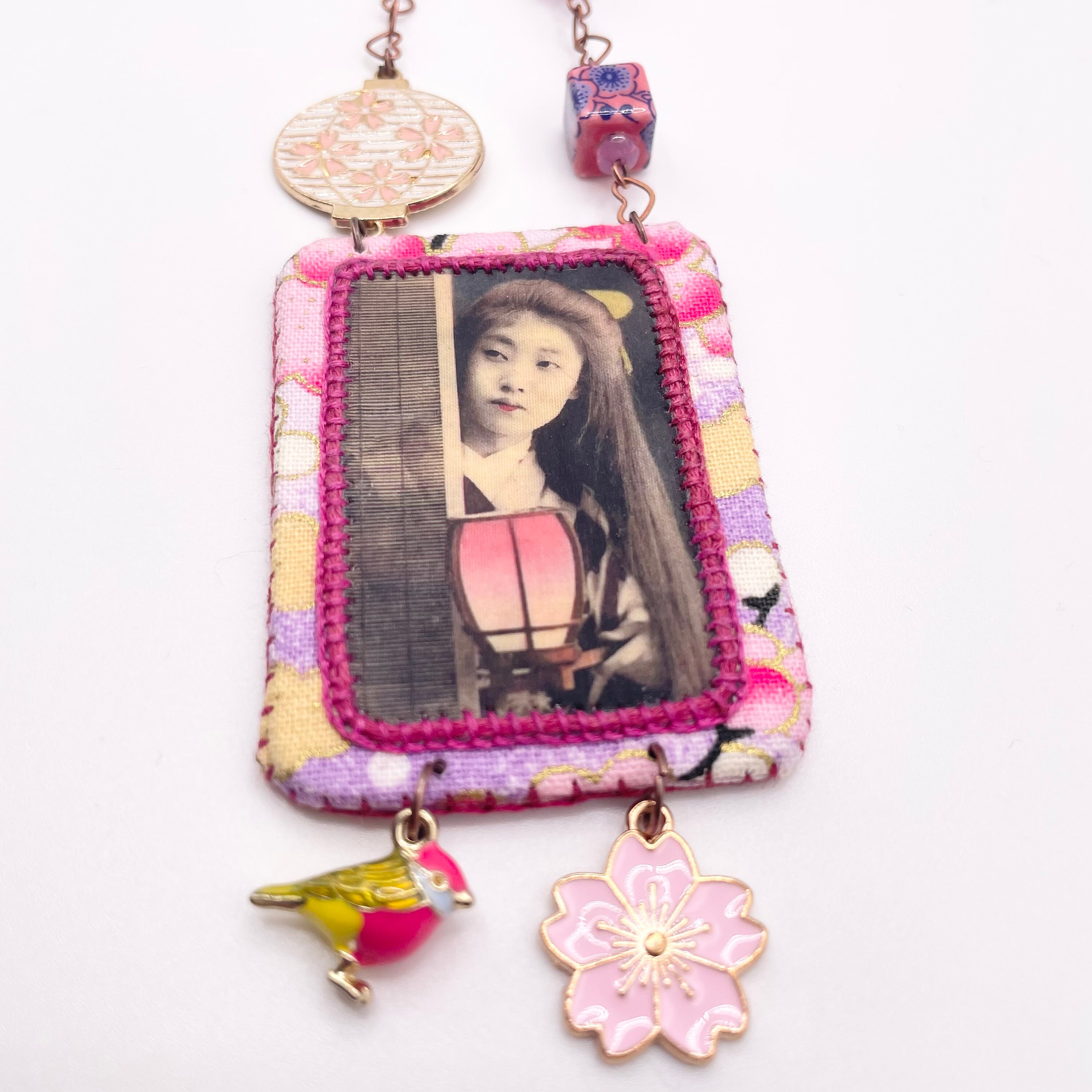 Japanese Geisha Lantern Bird Sakura Flower Necklace Japanese Heart - Etsy