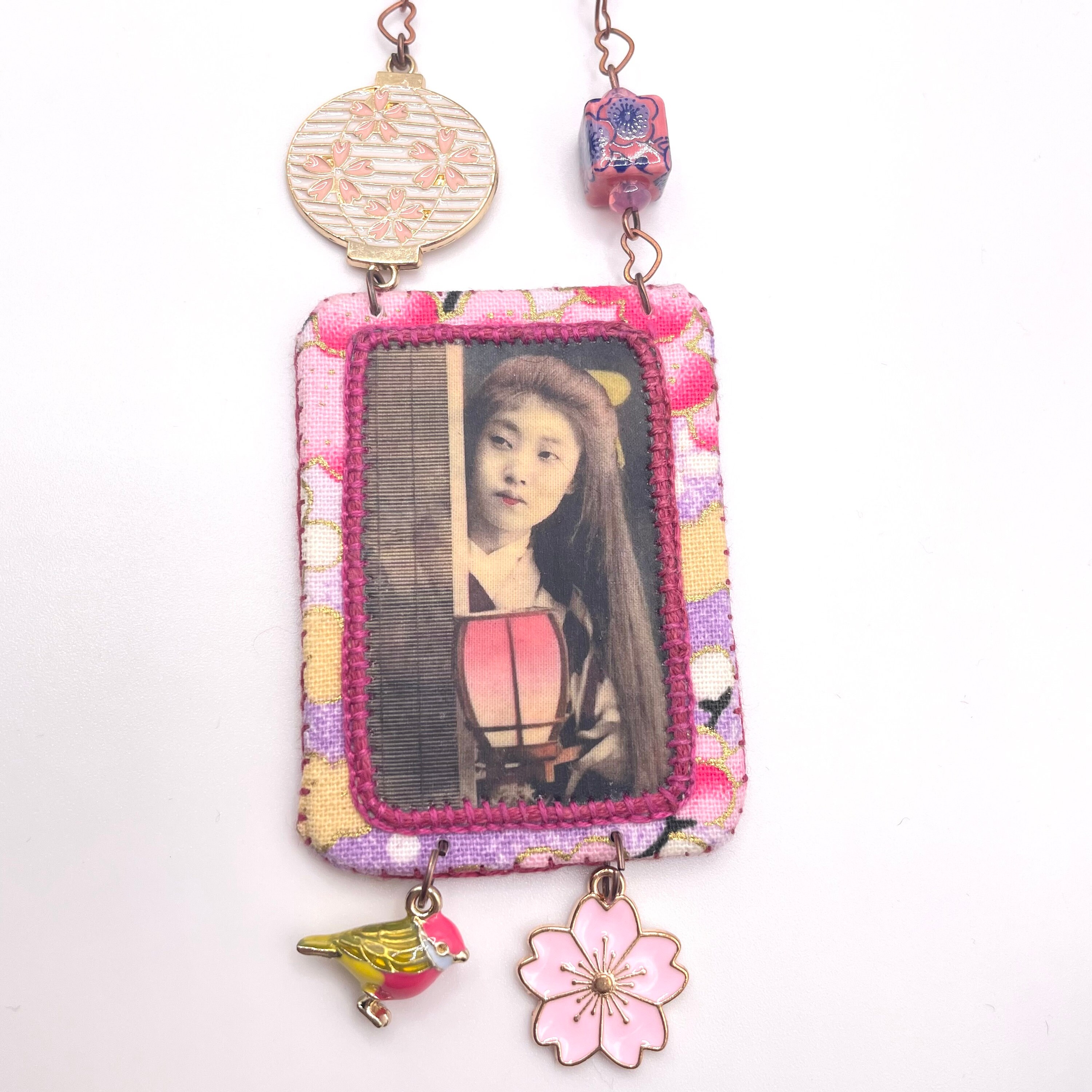 Japanese Geisha Lantern Bird Sakura Flower Necklace Japanese Heart - Etsy