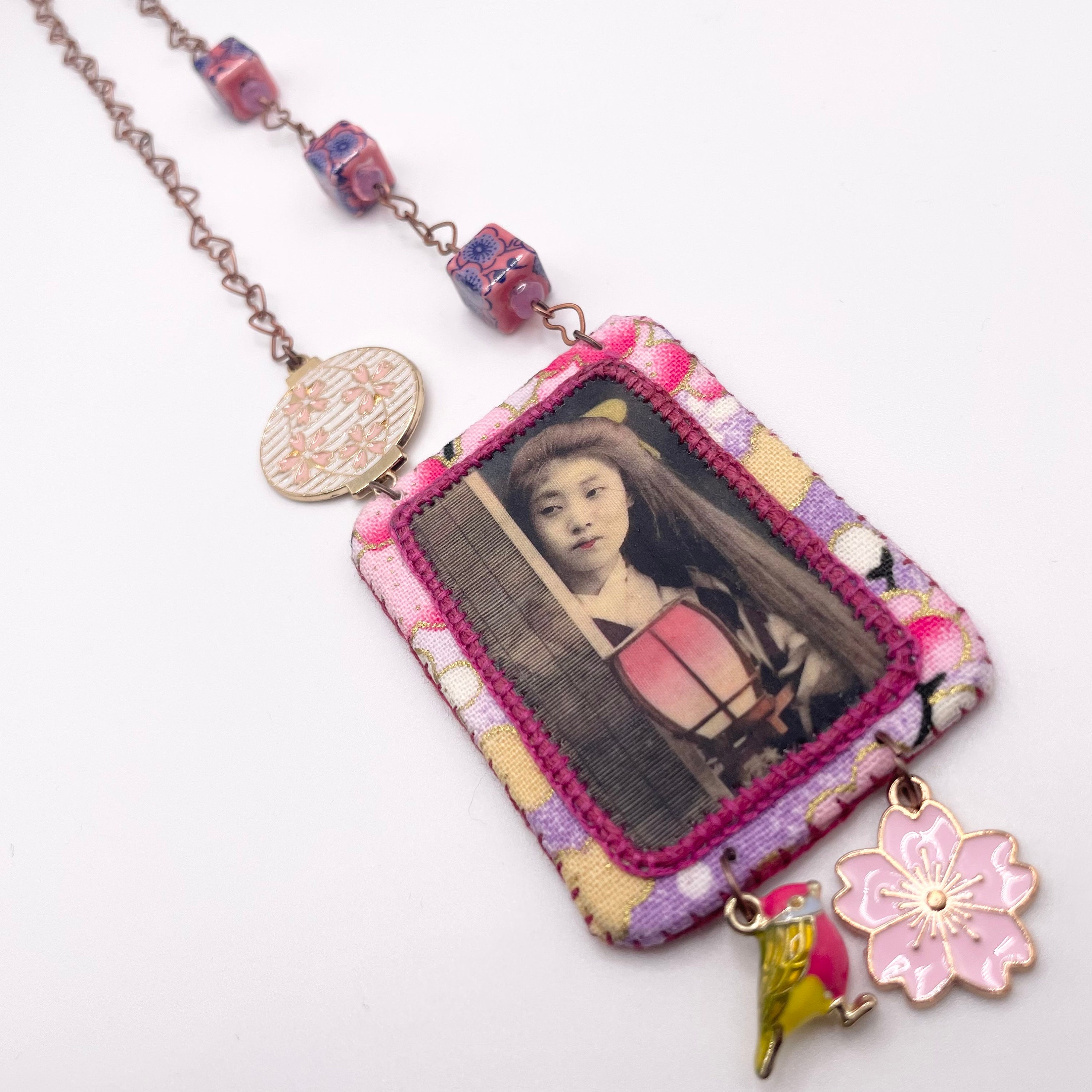 Japanese Geisha Lantern Bird Sakura Flower Necklace Japanese Heart - Etsy
