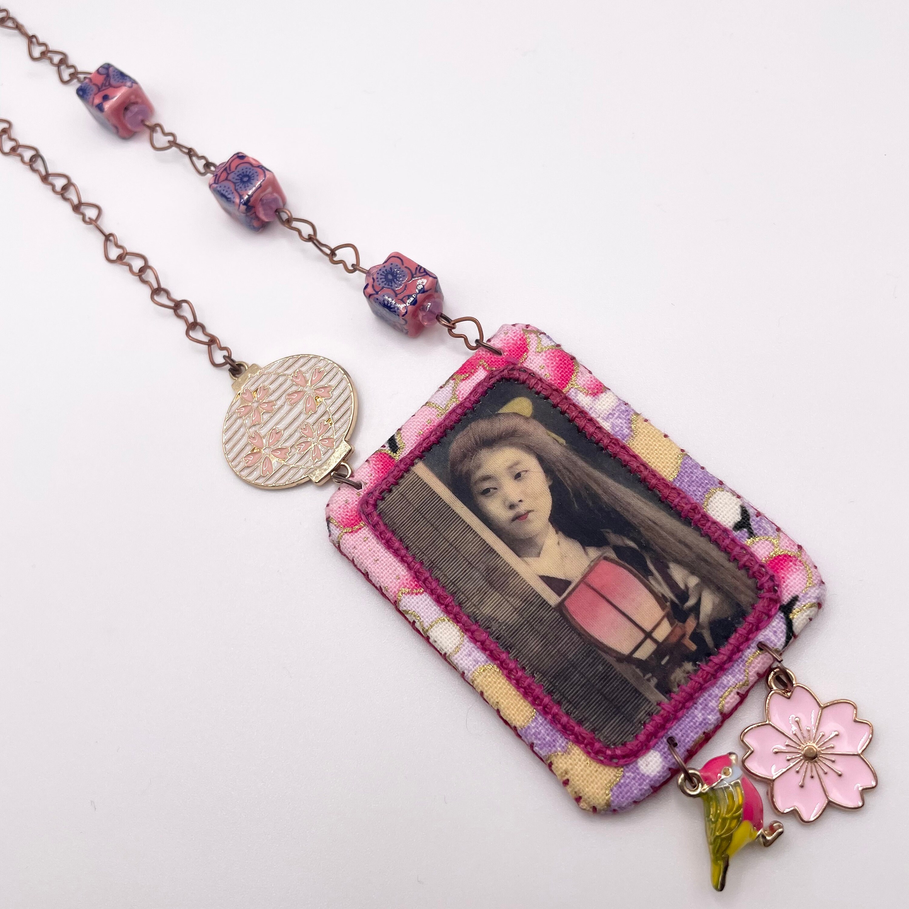 Japanese Geisha Lantern Bird Sakura Flower Necklace Japanese Heart - Etsy
